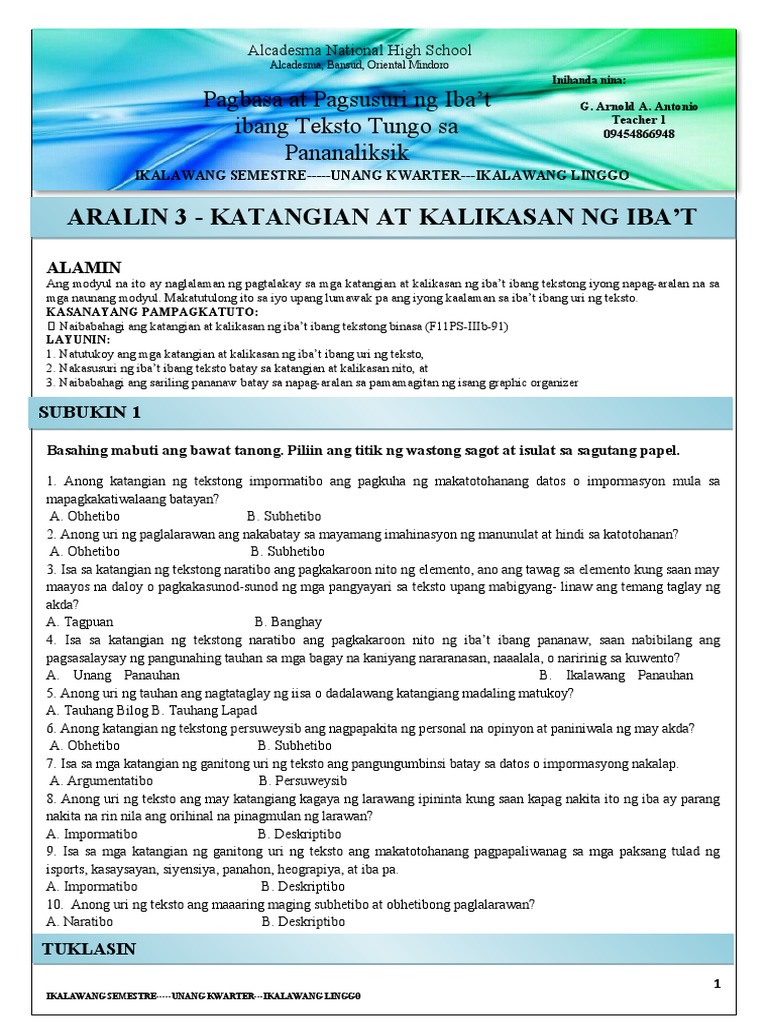 week 2_Katangian at Kalikasan ng Iba’t Ibang Uri ng Teksto(ARALIN 3 AT 4) | PDF