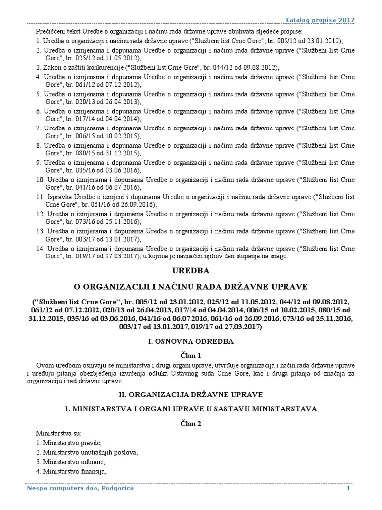 Uredba o Organizaciji I Nacinu Rada Drzavne Uprave | PDF