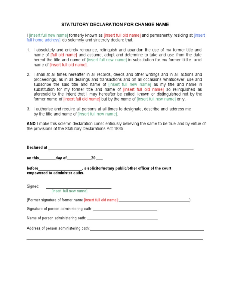 Statutory Declaration For Change Name: (Insert Full Old Name) | PDF Statutory Declaration For Change Name: (Insert Full Old Name) | PDF