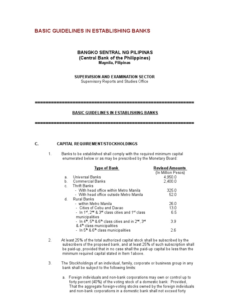 BSP - Basic Guidelines in Establishing Banks | PDF | Board Of Directors ...