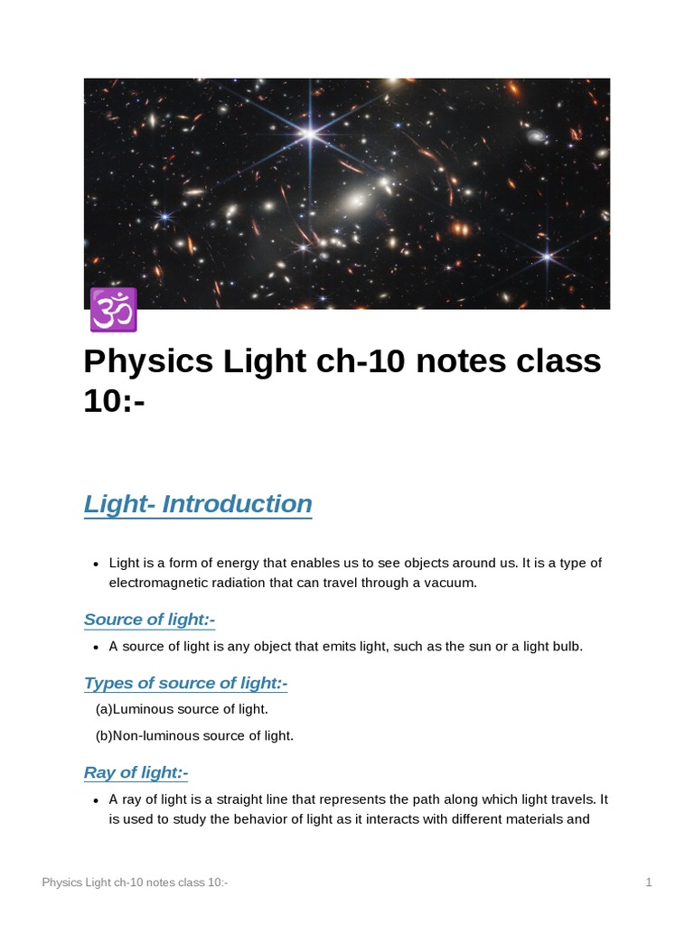 Physics Light Ch-10 Notes Class 10 2023-24 by DFH | PDF | Mirror | Light