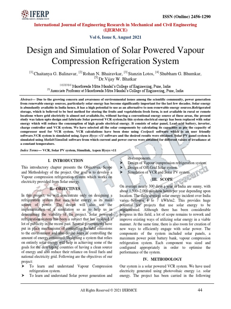 Design and Simulation of Solar Powered Vapour Compression Refrigeration ...