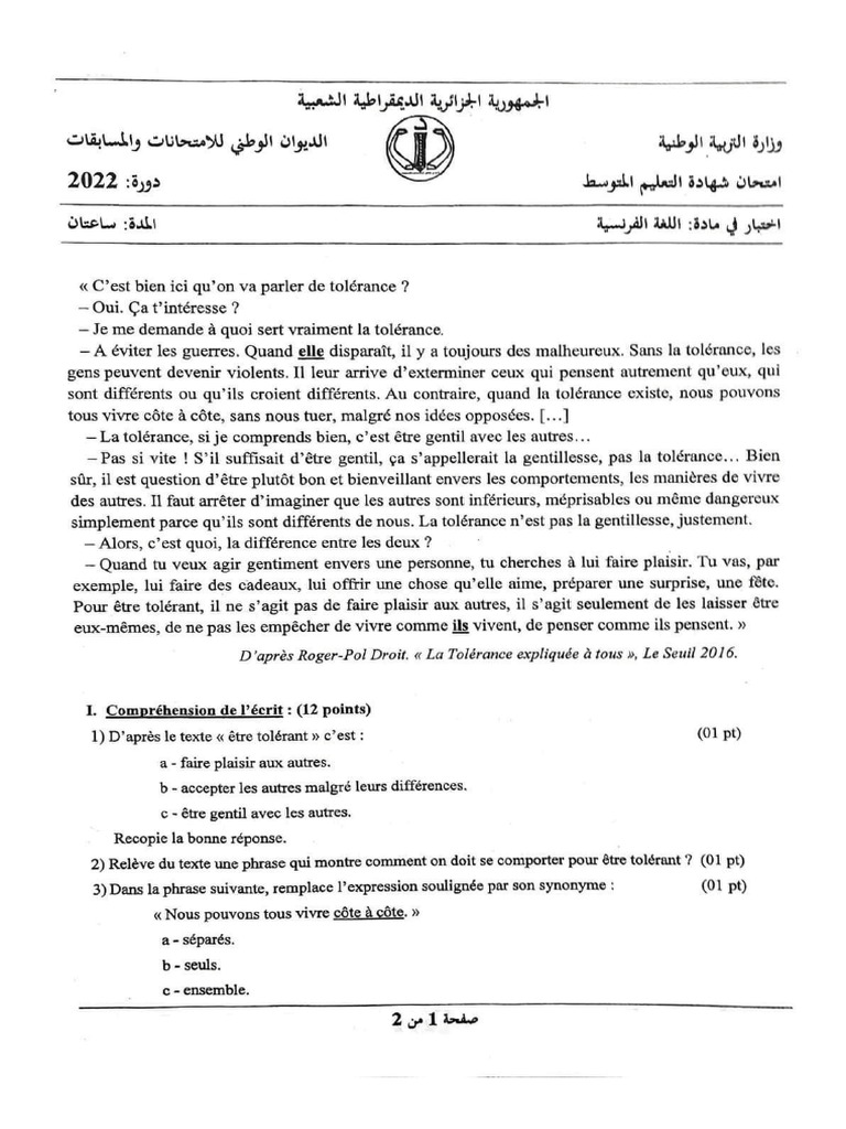 Sujet Francais Bem 2022 | PDF