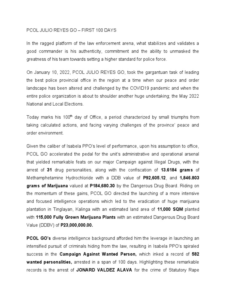 PCOL JULIO REYES GO'S FIRST 100 DAYS | PDF