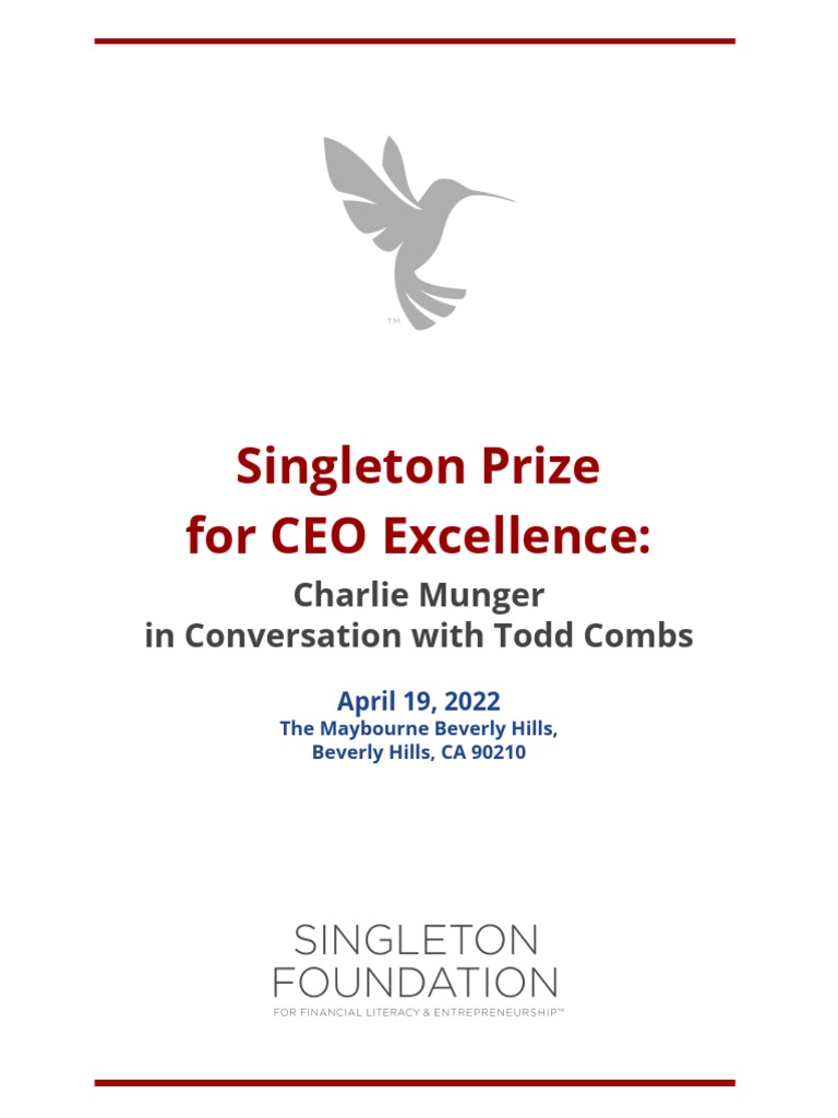Singleton Prize For CEO Excellence - Charlie Munger in Conversation ...