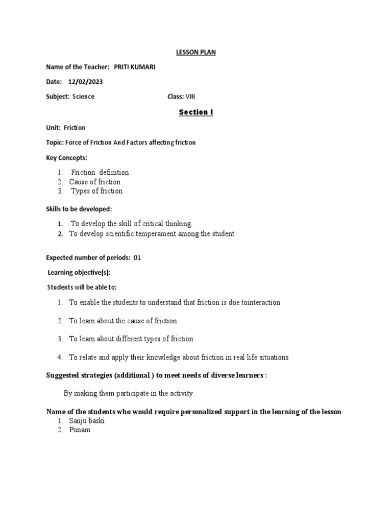 Lesson Plan - Friction | PDF | Friction | Force