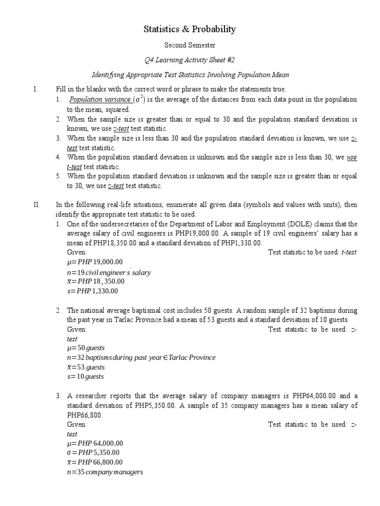 Identifying Appropriate Test Statistics Involving Population Mean | PDF ...