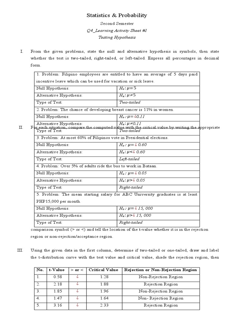 Statistics & Probability: Q4 - Learning Activity Sheet #1 Testing ...