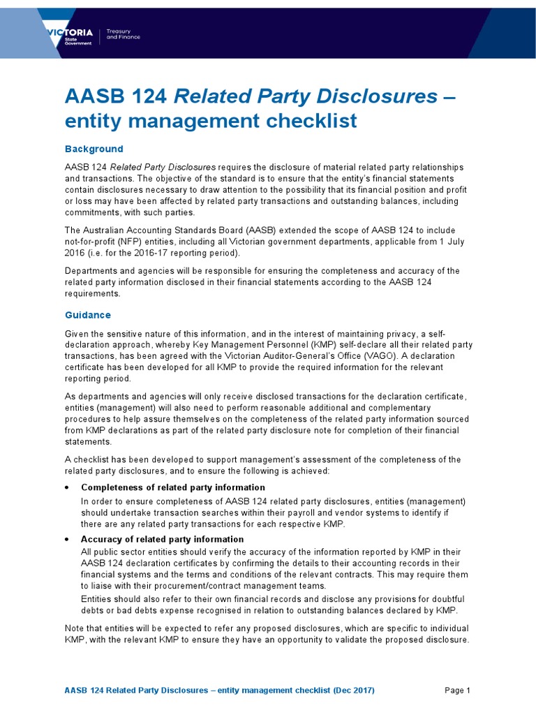 AASB 124 Related Party Disclosures - Entity Management Checklist | PDF ...