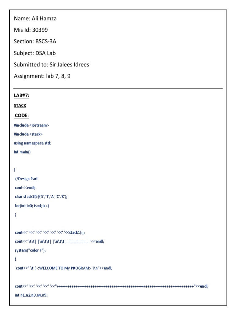 Ali Hamza - BSCS-3A - DSA LAB | PDF | Algorithms And Data Structures ... Ali Hamza - BSCS-3A - DSA LAB | PDF | Algorithms And Data Structures ...