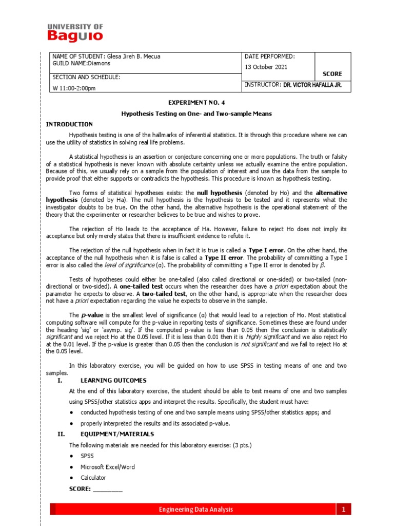 Engineering Data Analysis 1 | PDF | Type I And Type Ii Errors | Hypothesis