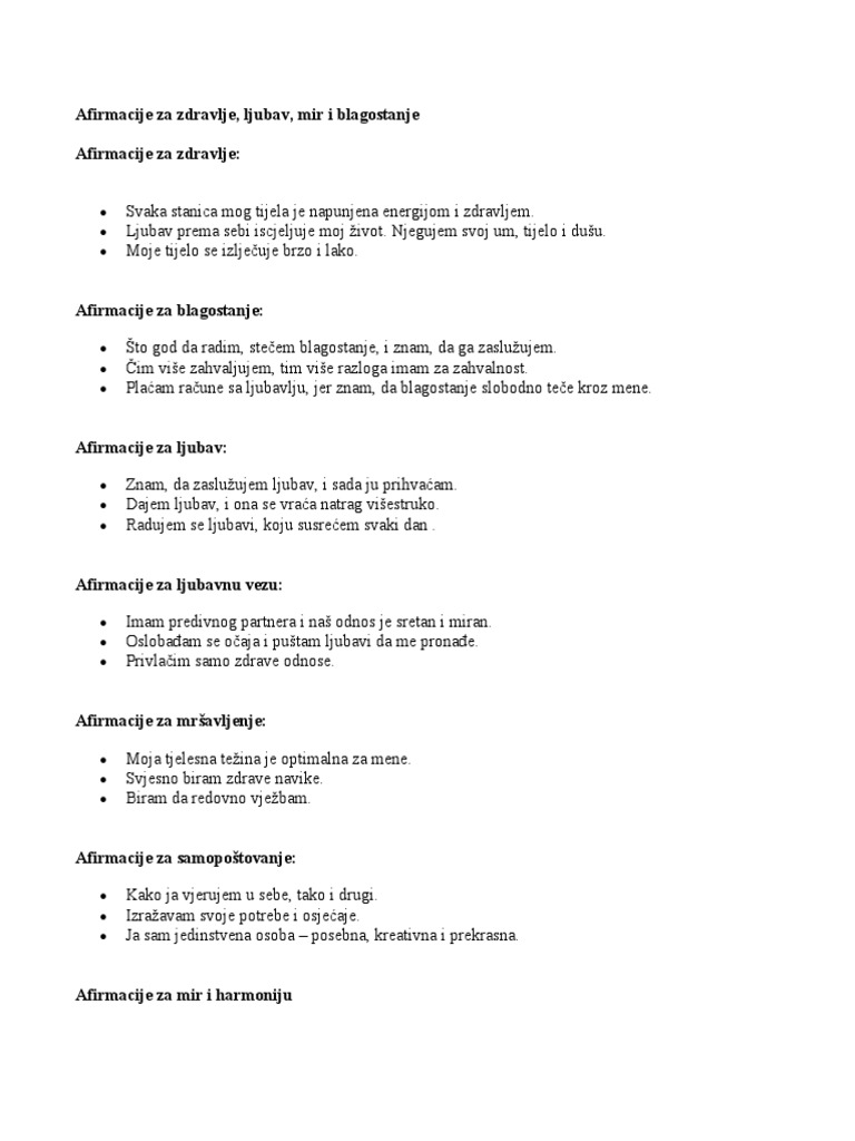 Afirmacije Za Zdravlje, Ljubav, Mir | PDF