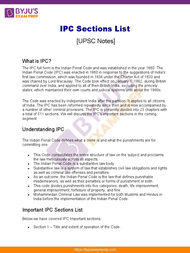 Ipc Sections List Upsc Notes 71 | PDF | Crimes | Crime & Violence