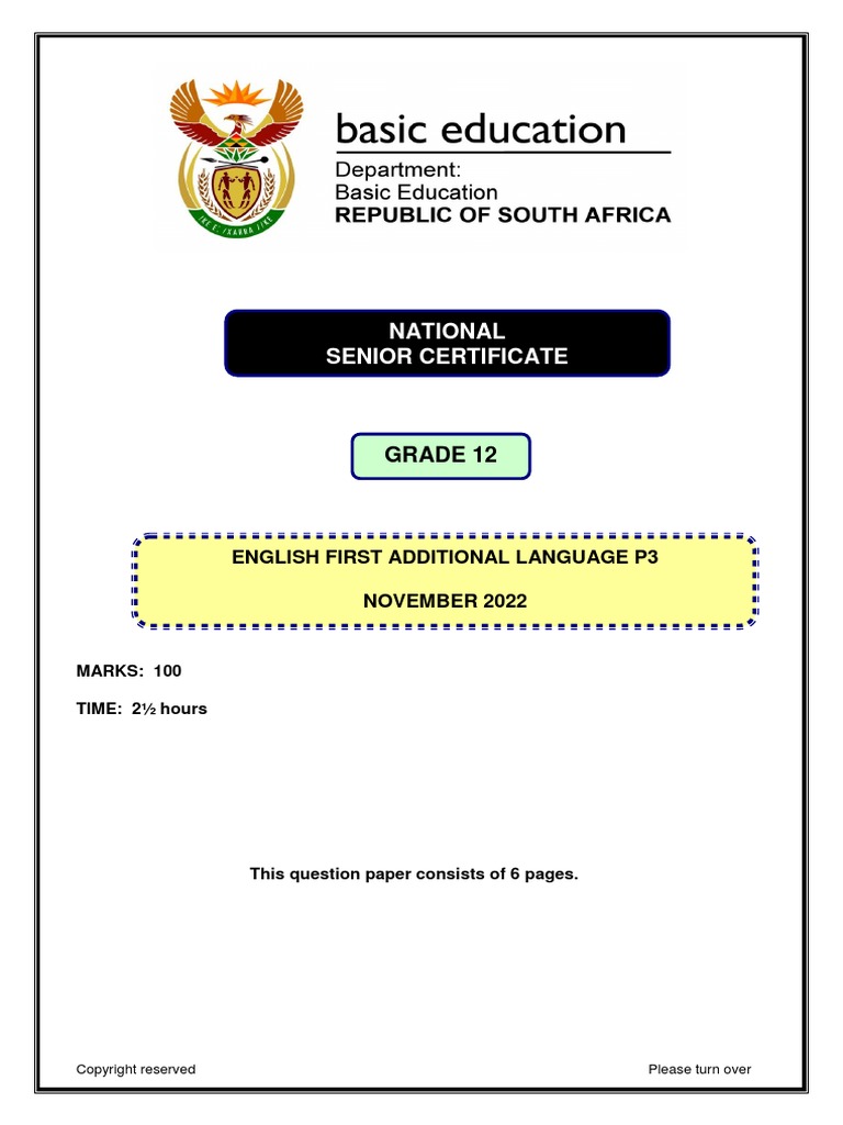 English FAL P3 Nov 2022 | PDF | Question | Waiting Staff