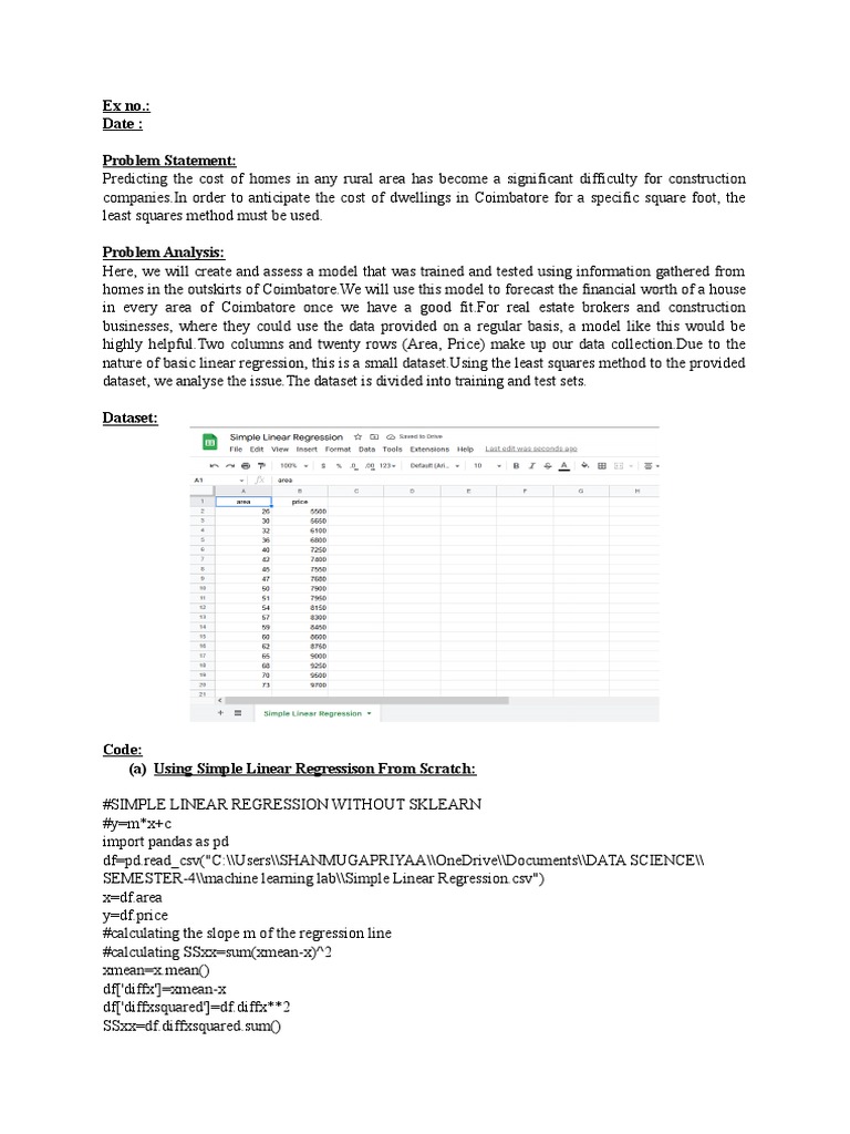 Ex No.: Date: Problem Statement | PDF | Regression Analysis | Linear ...