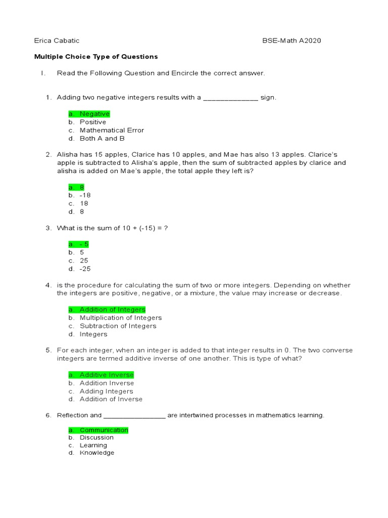 Grade 10 Integer MCQs and Activities | PDF | Integer | Mathematics