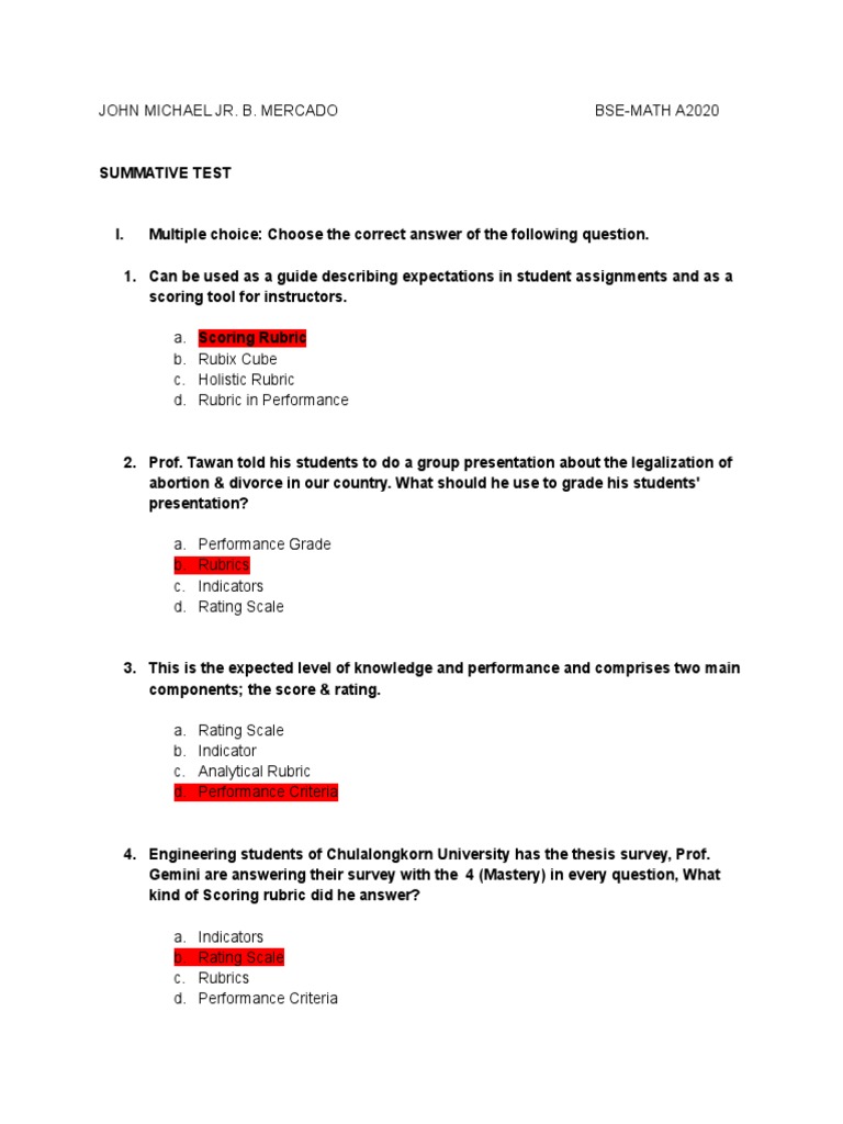 Item Summative Test | PDF | Rubric (Academic) | Educational Assessment