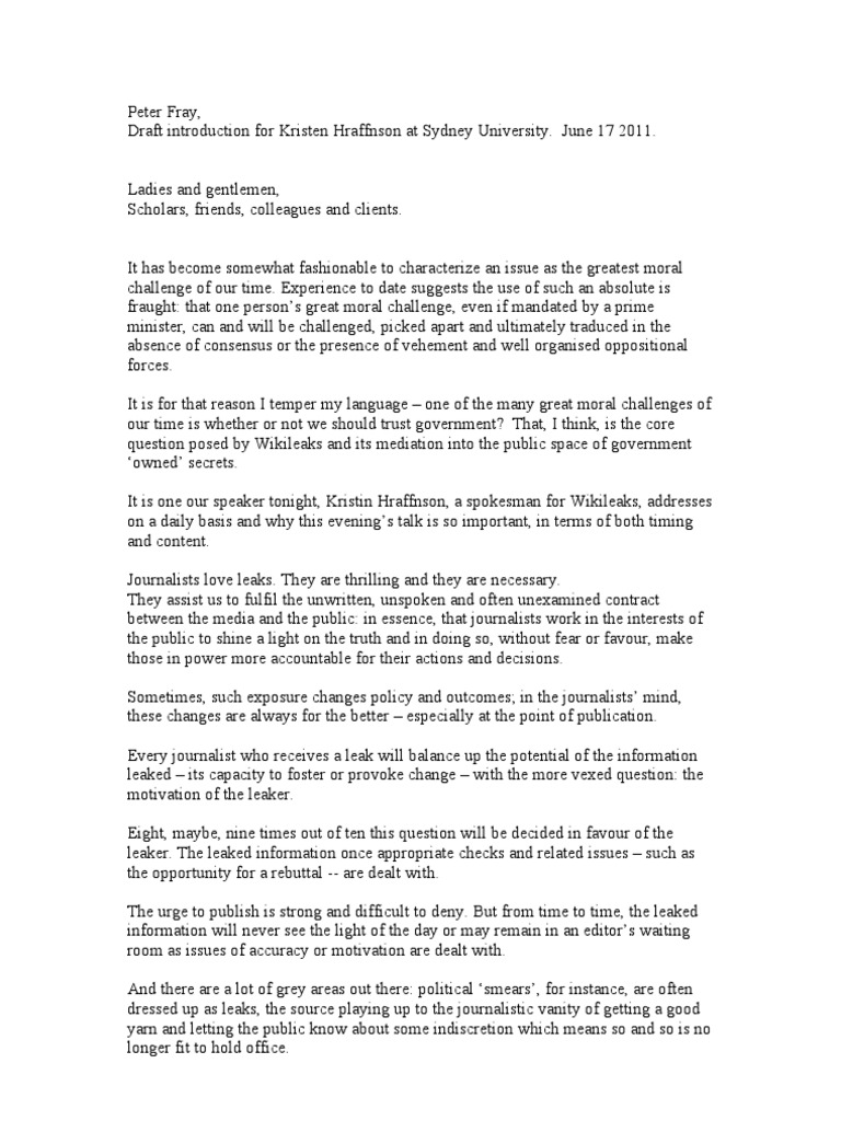 Peter Fray Draft Introduction For Kristen Hraffnson at Sydney ...