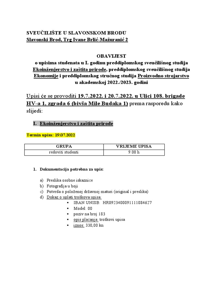 Upute Za Upis 22 23 BTO ODHZ To | PDF