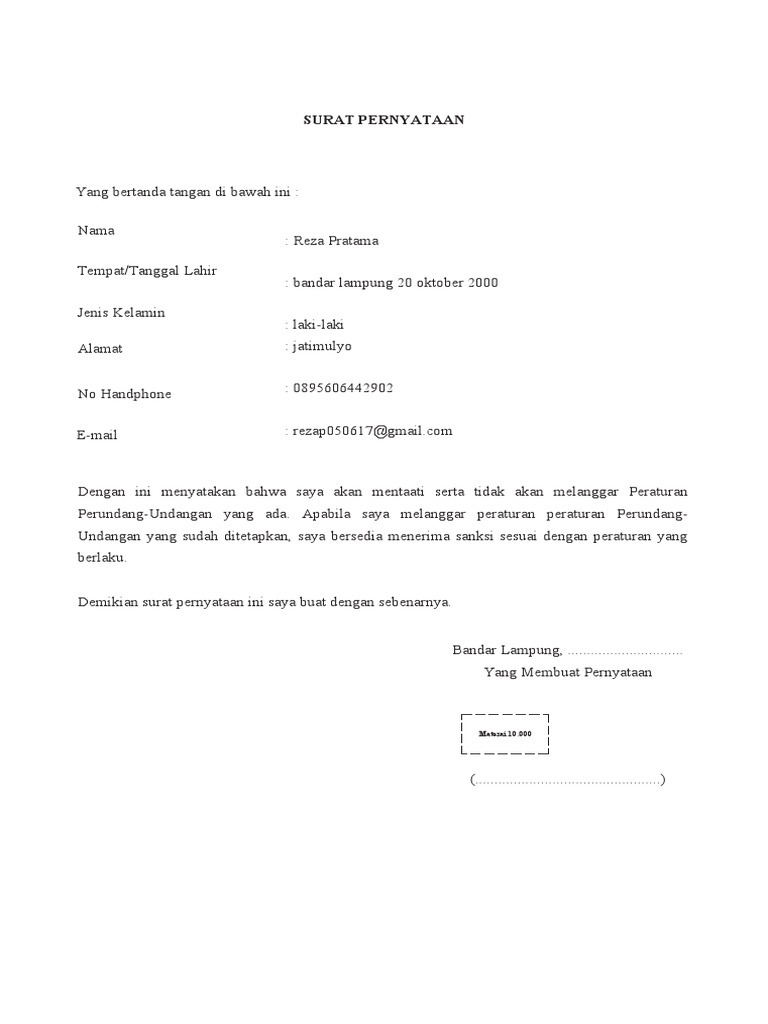 Surat Pernyataan Untuk Mentaati Dan Tidak Melanggar Ketentuan ...