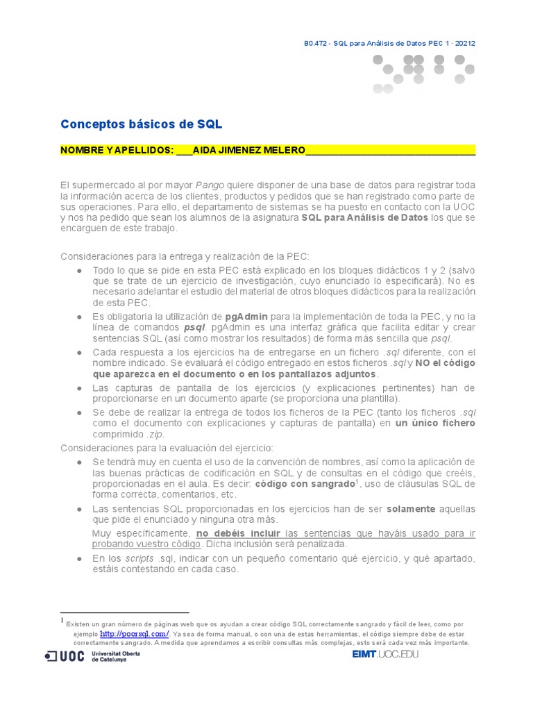 Conceptos Básicos de SQL: NOMBRE Y APELLIDOS: - AIDA JIMENEZ MELERO ...