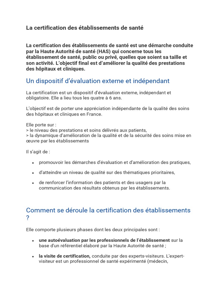 La Certification Des Établissements de Santé | PDF