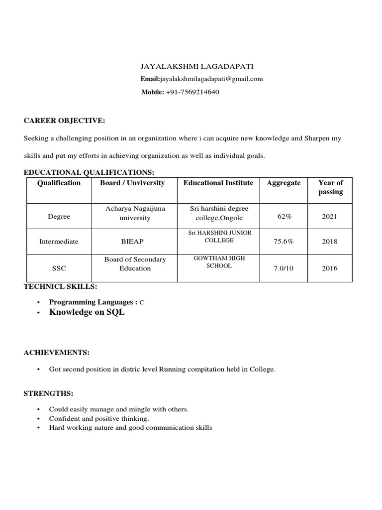 A Concise Resume Showcasing Jayalakshmi Lagadapati's Educational ...