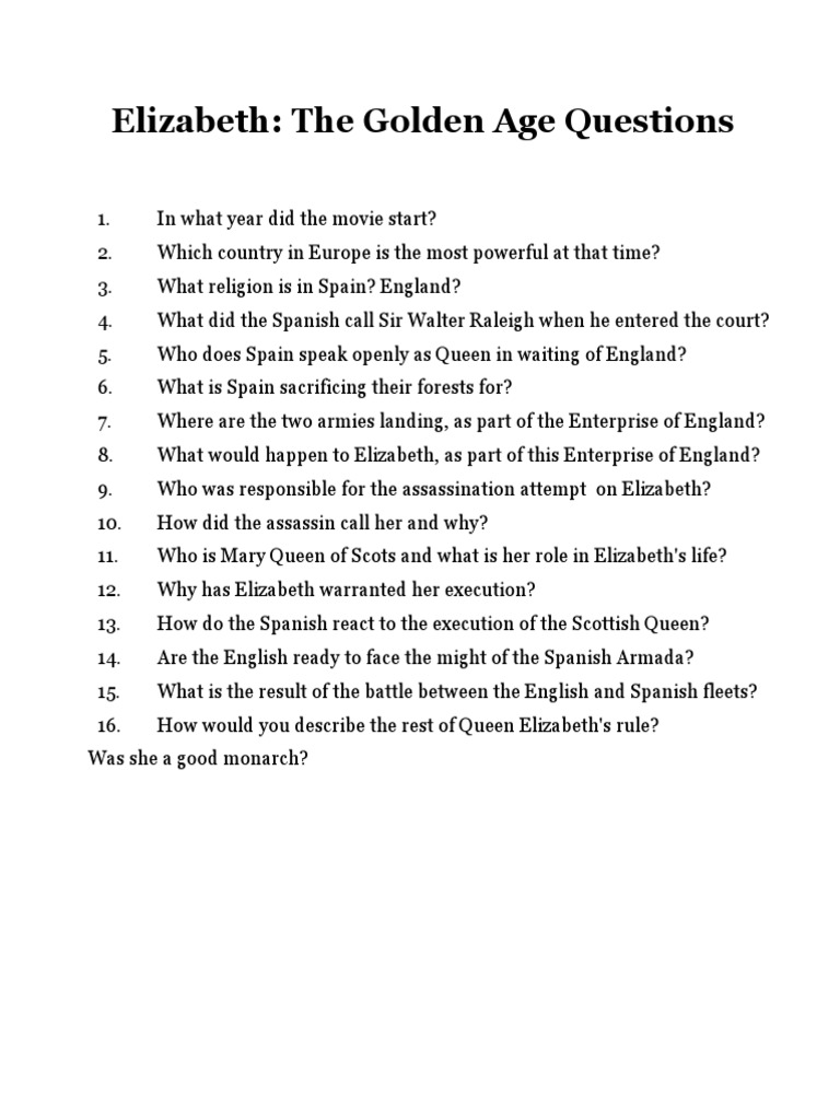 Questions Elizabeth Golden Age | PDF