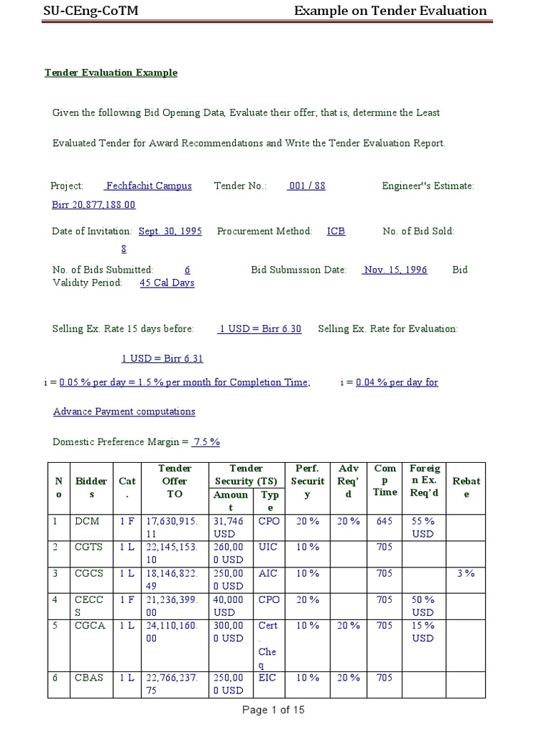 Tender Evaluation Example | PDF | United States Dollar | Business