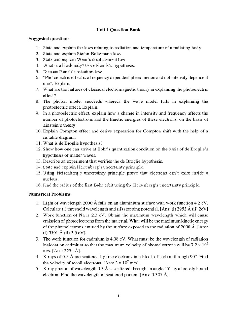 Question Bank Unit 1 Sem Ii 2021 2022 Pdf Photoelectric Effect Electron 