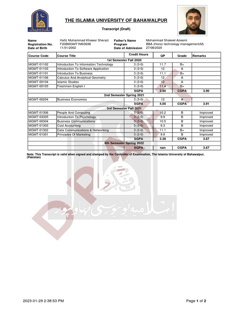 The Islamia University of Bahawalpur: Transcript (Draft) | PDF ...