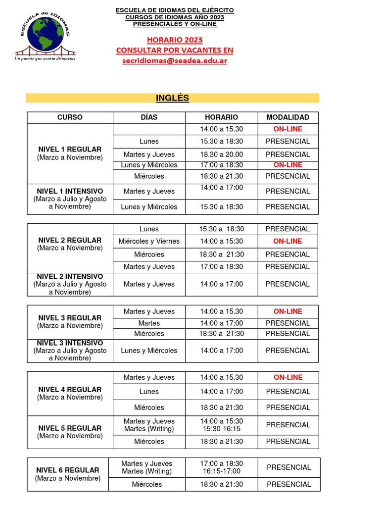 HORARIO 2023 Consultar Por Vacantes en Secridiomas@seadea - Edu.ar | PDF