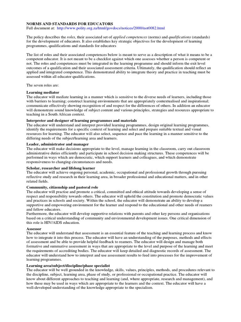 NORMS AND STANDARDS FOR EDUCATORS - 7 Roles of An Educator-1 | PDF ...