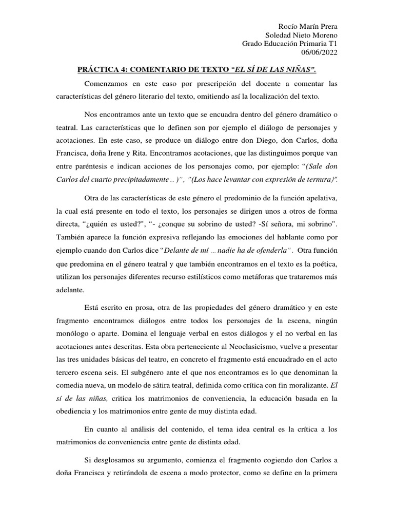 Práctica 4 El Sí de Las Niñas | PDF | Teatro