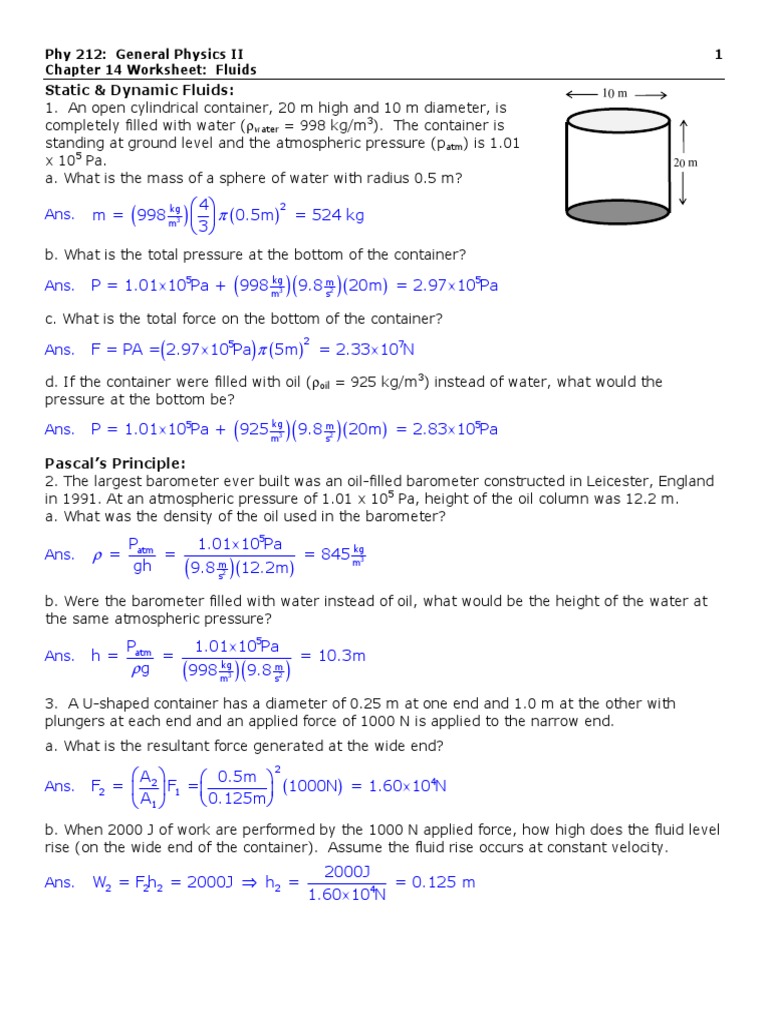 Phy212 CH14 Worksheet-W07-Key | PDF | Buoyancy | Pressure