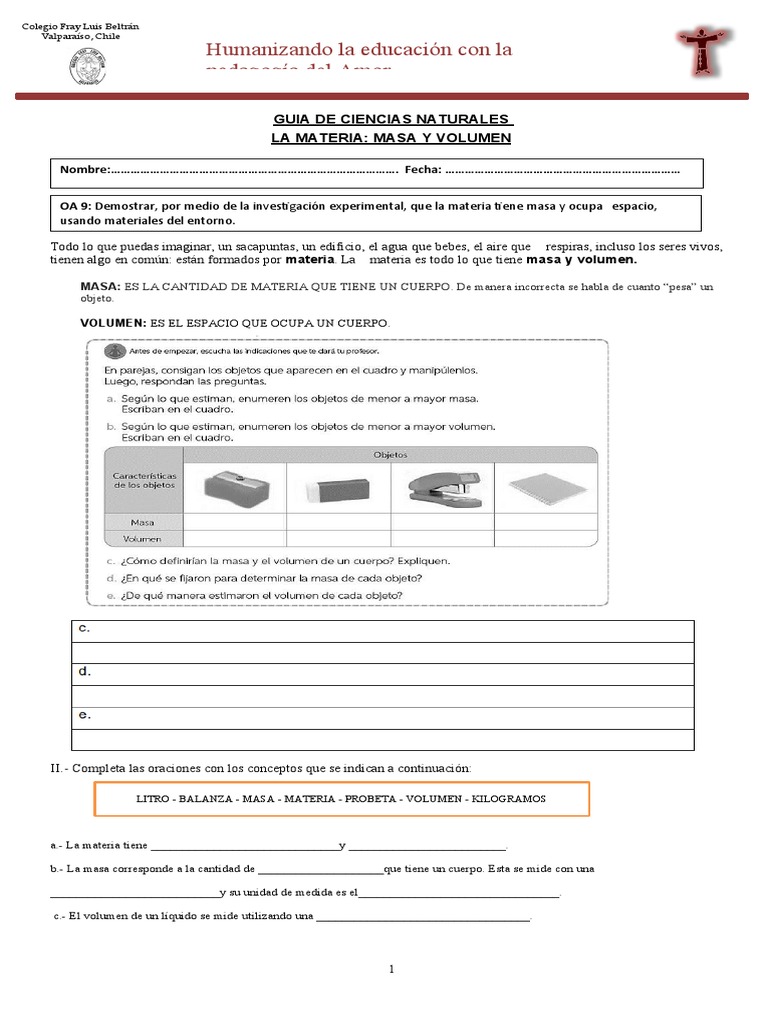 4º-Básico Guia Practica Ciencias Masa y Volumen | PDF