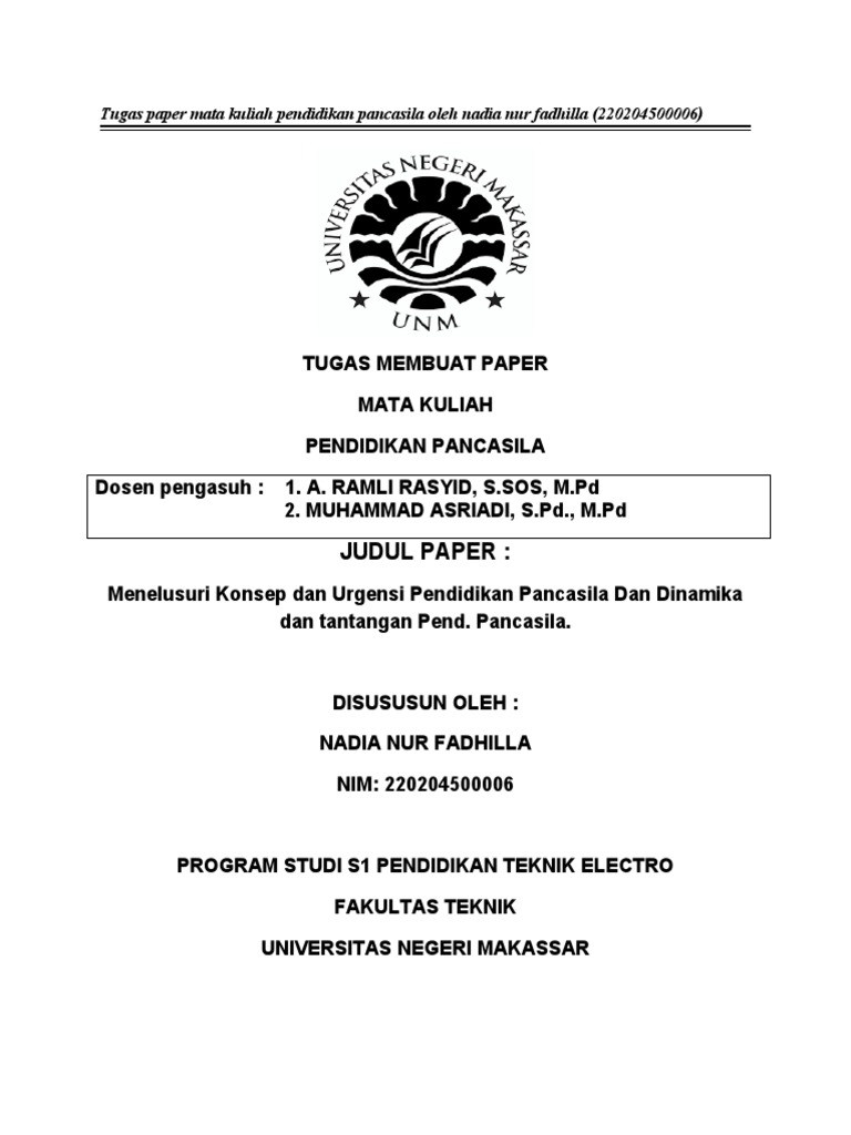 Judul Paper:: Tugas Paper Mata Kuliah Pendidikan Pancasila Oleh Nadia ...