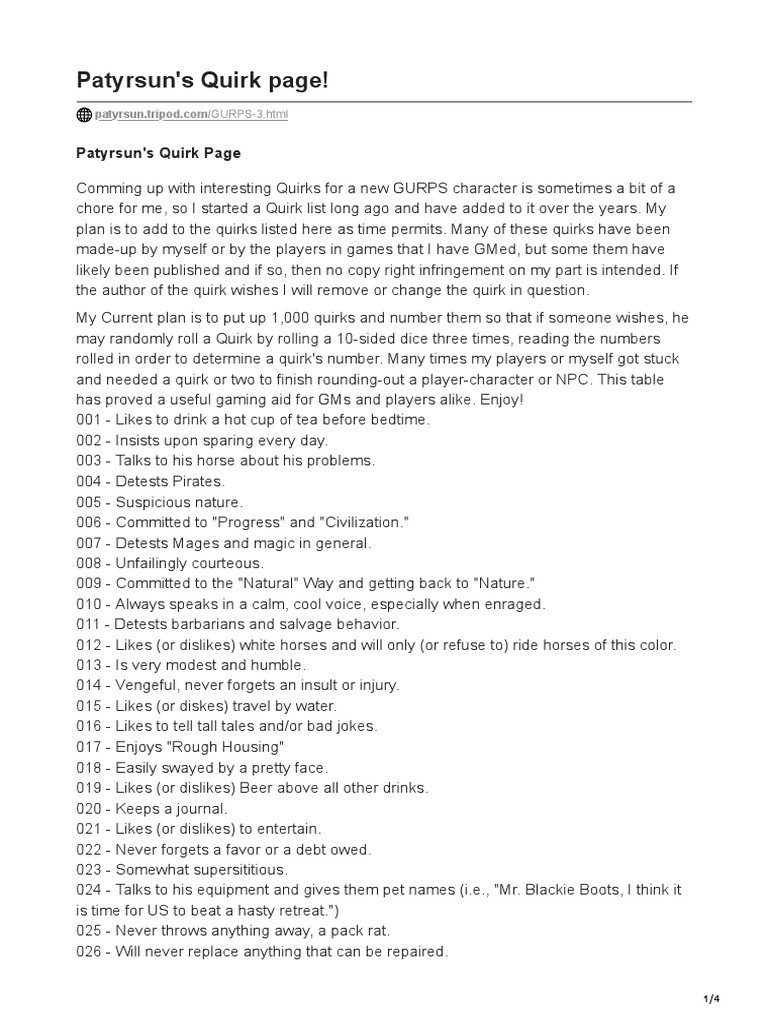 GURPS Character Quirk List | PDF