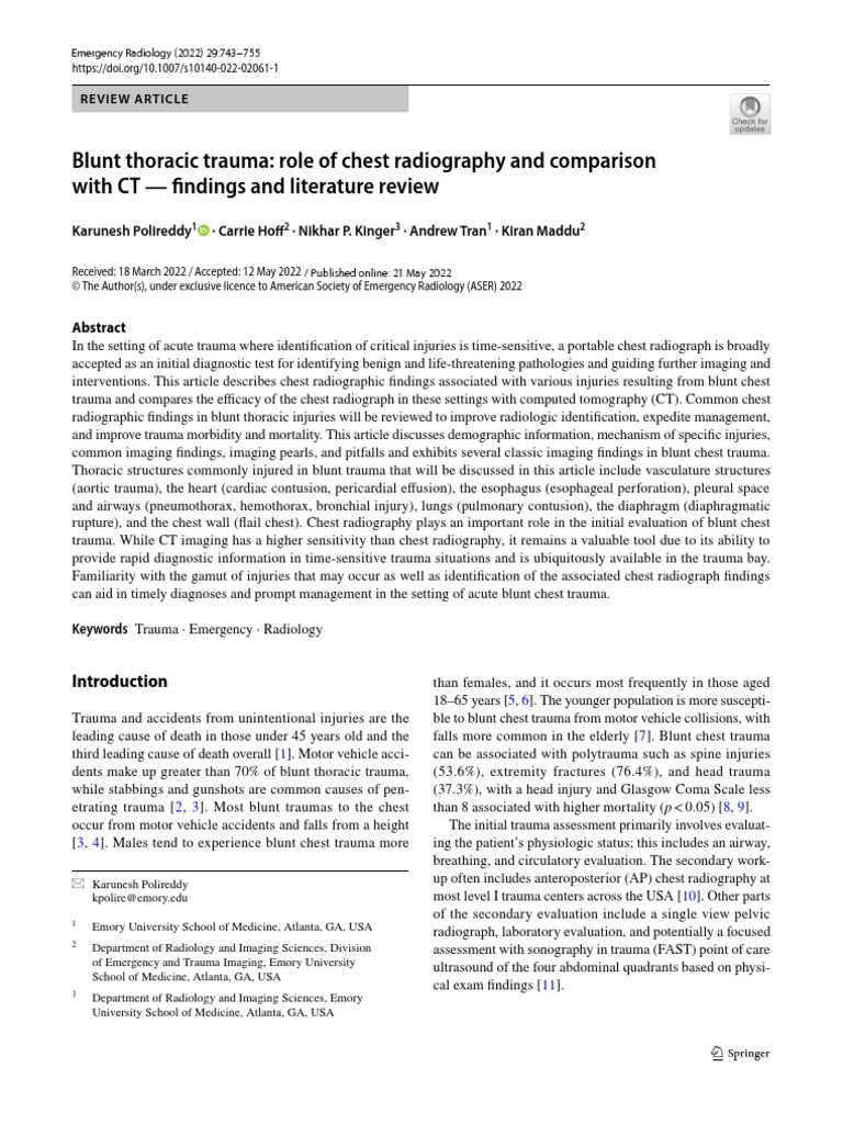 Blunt Thoracic Trauma - Role of Chest Radiography and Comparison With ...