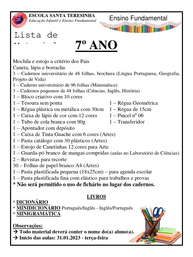 LISTA DE MATERIAL 7o Ano | PDF