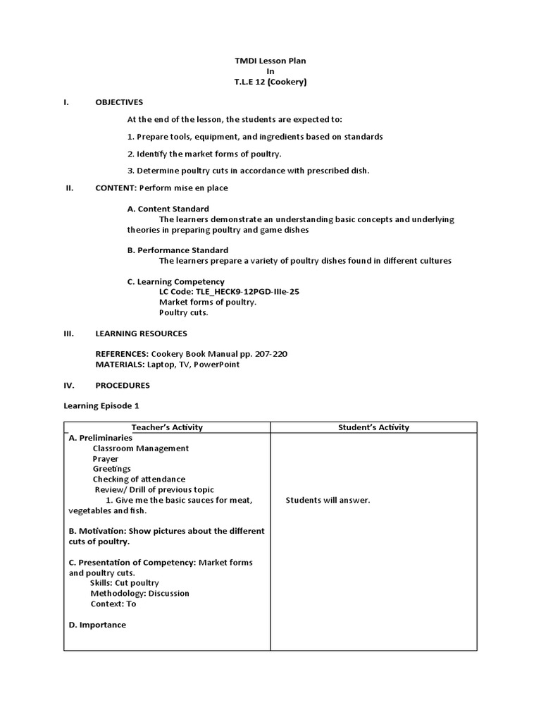 TMDI Lesson Plan Game Dishes | PDF | Teachers | Learning