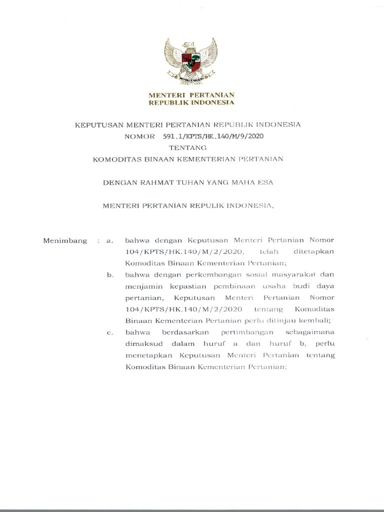 Kepmentan No 591.1 Tahun 2020 Tentang Komoditas Binaan Kementerian ...