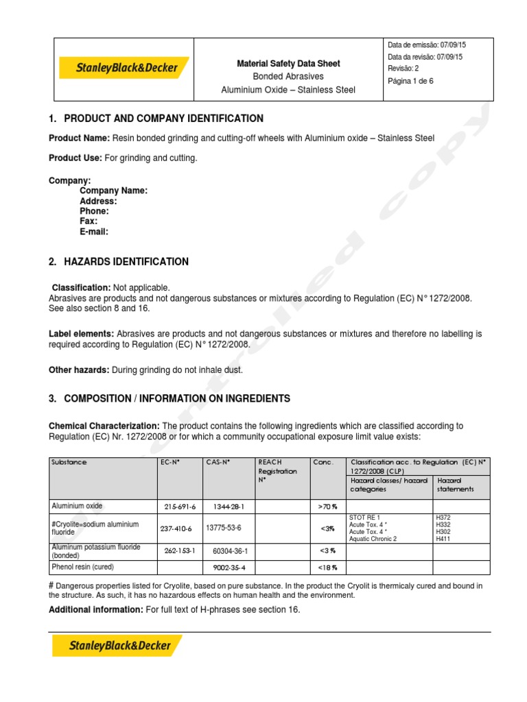 MSDS - Bonded Abrasives Stainless Steel EN - Rev 2 - Tailin | PDF ...