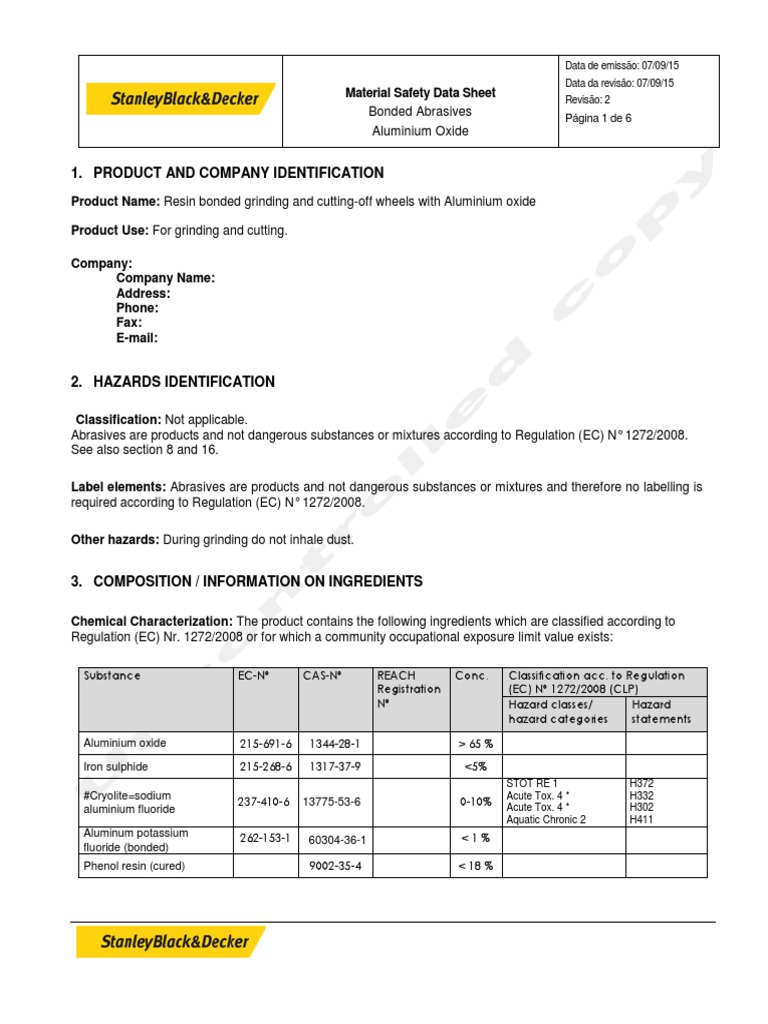 MSDS - Bonded Abrasives EN - Rev 2 - Tailin | PDF | Personal Protective ...