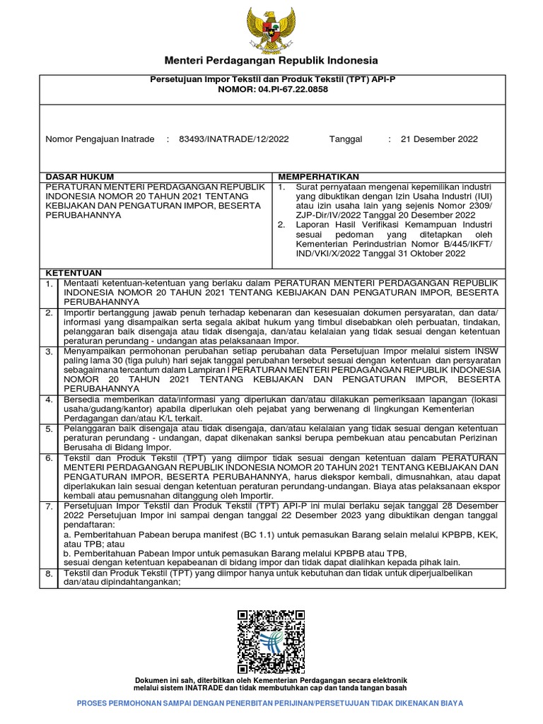 Menteri Perdagangan Republik Indonesia: Persetujuan Impor Tekstil Dan ...