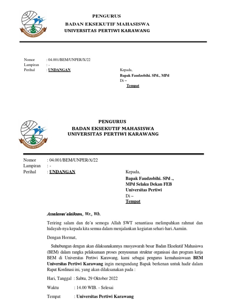 Surat Undangan Rakor Bem Unperti KRW | PDF