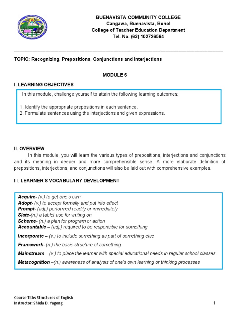 Prepositions Conjunctions and Interjections | PDF | Linguistics ...
