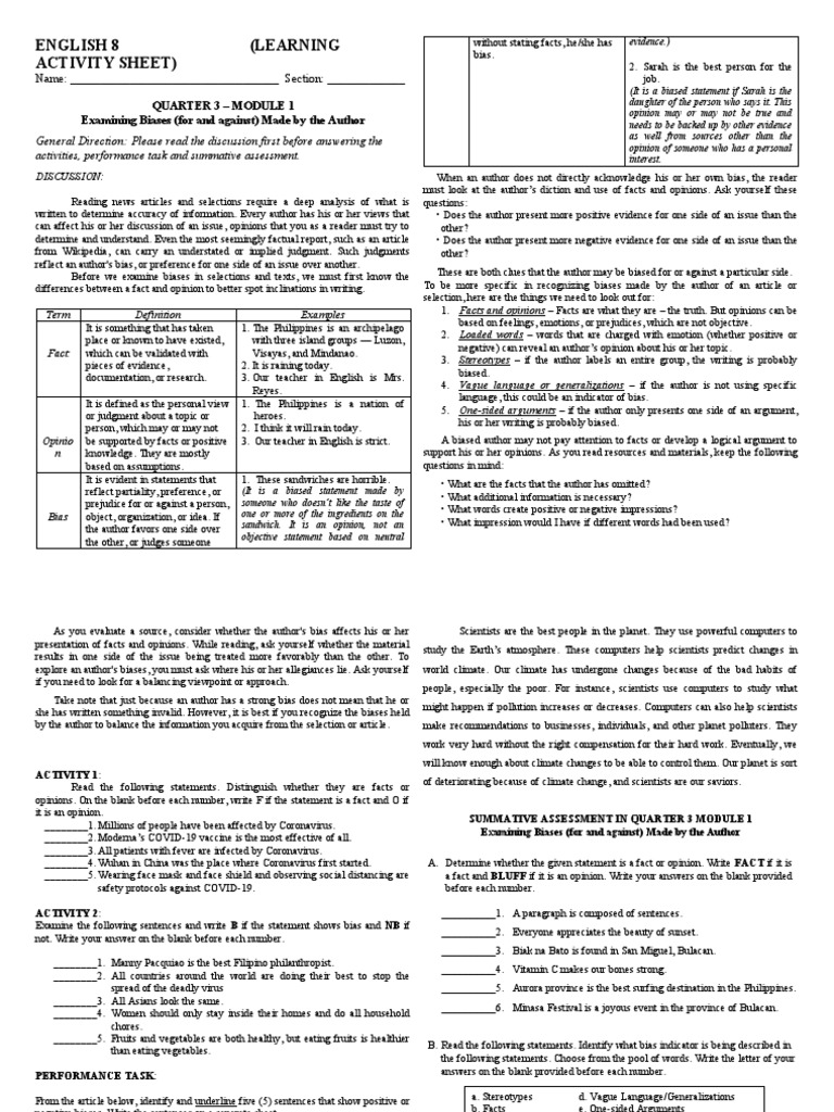 English 8 (Learning Activity Sheet) : Quarter 3 - Module 1 Examining ...