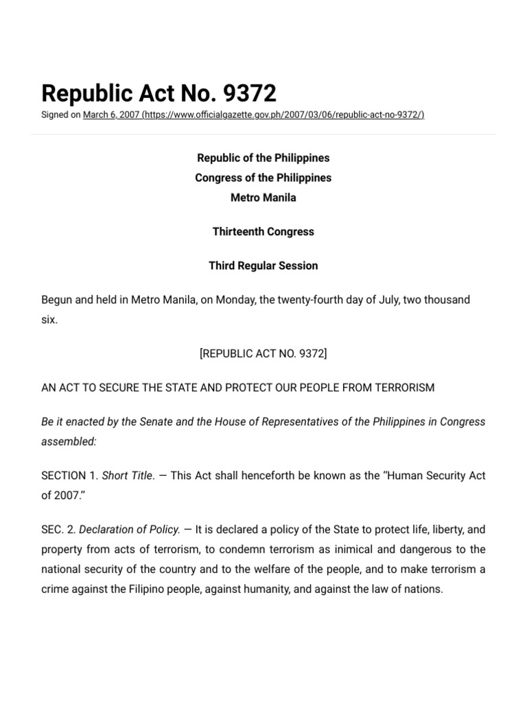 Republic Act No. 9372 - Official Gazette of The Republic of The Philippines | PDF | Detention ...