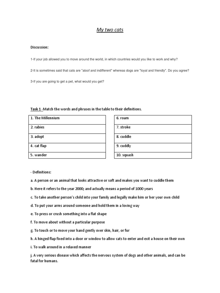 My Two Cats: Task 1 - Match The Words and Phrases in The Table To Their Definitions | PDF